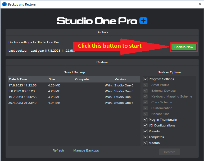 Studio One Pro 7: Backup and Restore Utility – Knowledge Base | PreSonus
